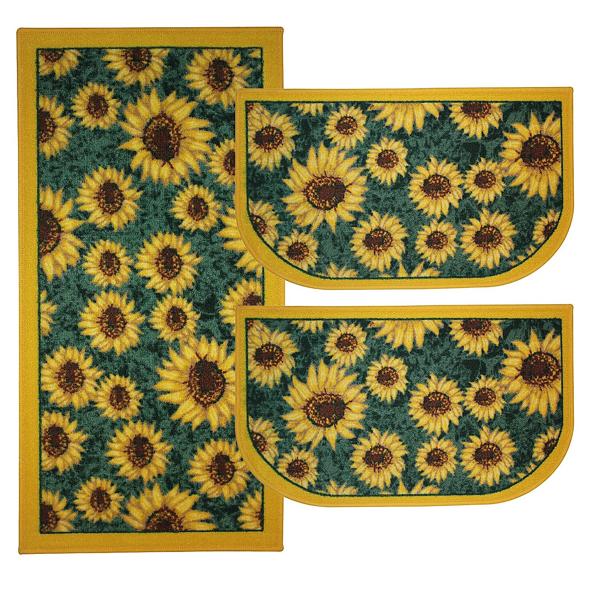 Kashi Home Kitchen Rug, Printed Area Rug, Durable Floor, Door Mat, Farmhouse Non-Slip Carpet Latex Backing Beautiful Design Sunflower 3pc Set (2 18x30 D Shape & 1 20x40)