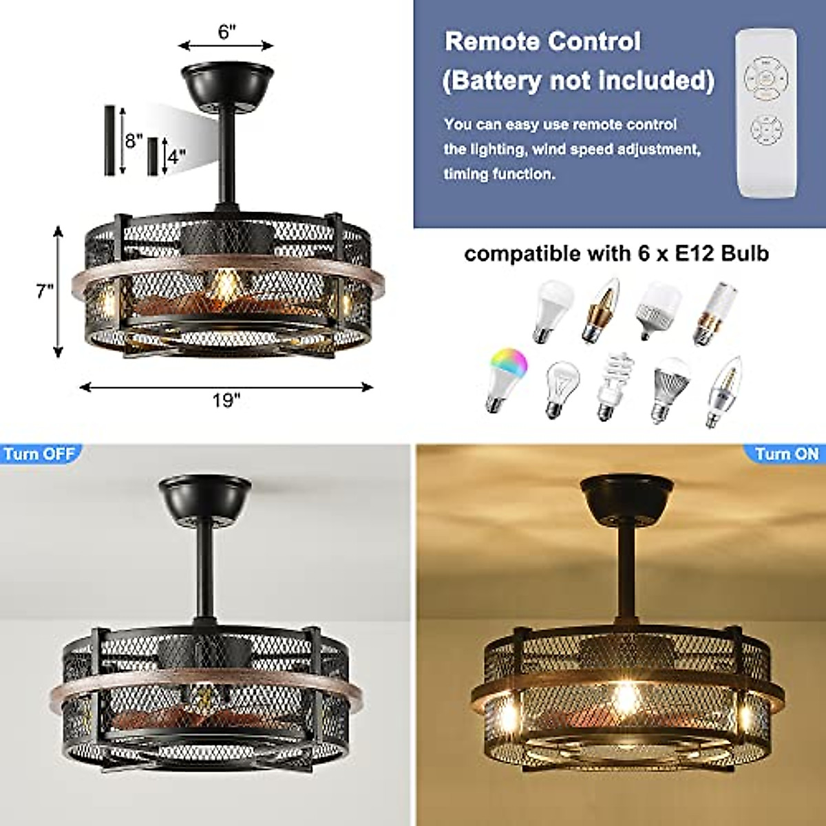 cifyses Ceiling Fan with Lights,19'' Farmhouse Ceiling Fans with Lights and Remote, Reversible Indoor Outdoor Ceiling Fan with Light Flush Mount Ceiling Fan with Lights Caged (No Bulbs