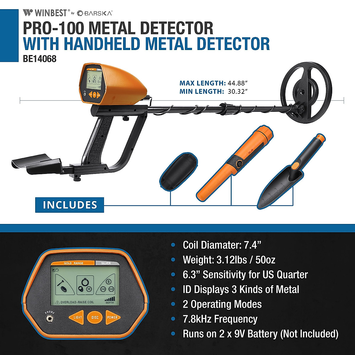 Barska Winbest Pro-100 Metal Detector Kit with Handheld Metal Detector, Submersible Search Coil, Adjustable Length