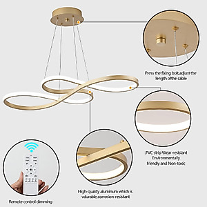 Q&S Modern LED Chandelier Gold Contemporary Light Fixtures Pendant Light Hanging Light for Dining Room Kitchen Island Dimmable Chandeliers with Remote Control 4000K-6000K L30 in