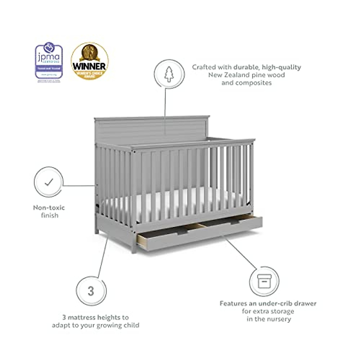 STORKCRAFT Homestead 5-in-1 Convertible Crib with Drawer (Pebble Gray) – GREENGUARD Gold Certified, Crib with Drawer Combo, Includes Nursery Storage Drawer, Converts to Toddler Bed and Full-Size Bed