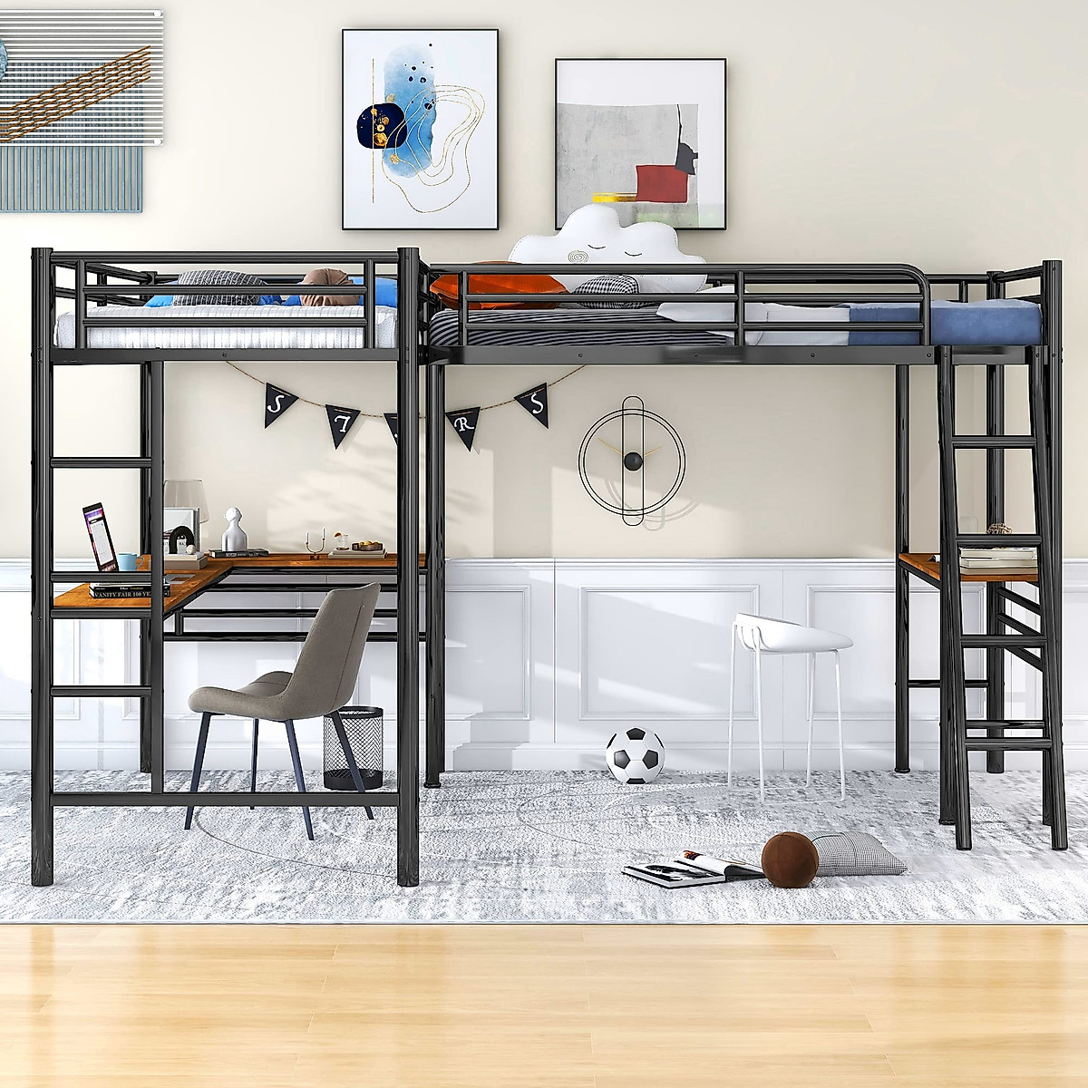 Harper & Bright Designs L Shaped Metal Loft Bed with 2 Desk, Twin Loft Bed with Safety Rail and 2 Ladder, Heavy-Duty Steel Frame Corner Twin Bed for 2 Kids Girls Boys Teens (Twin Size, Black)