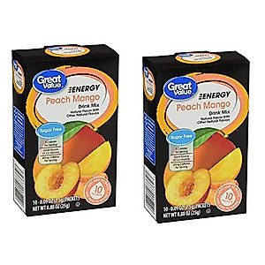 Great Value Sugar Free Low Calorie ENERGY Peach Mango Drink Mix with Caffeine - Naturally Flavored with Other Natural Flavors (Pack of 2)