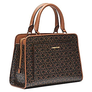 Calvin Klein Margot Textured Logo Satchel, Brown/Khaki/Caramel Embossed