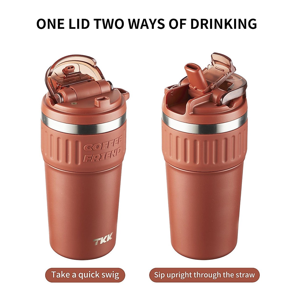 TKK Insulated Coffee Thermos with Ceramic Coating, 21oz Iced Coffee Tumbler Cup with Straw Lid Double Wall Vacuum Leak Proof Travel Mug with Strap for Hot and Iced Beverage, Red