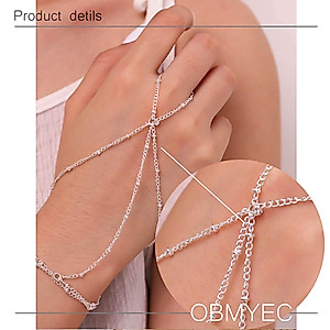 Obmyec Simple Hand Chain Layered Silver Finger Ring Chain Bracelets Dangle Beaded Slave Bracelets Daily Prom Hand Bracelets for Women