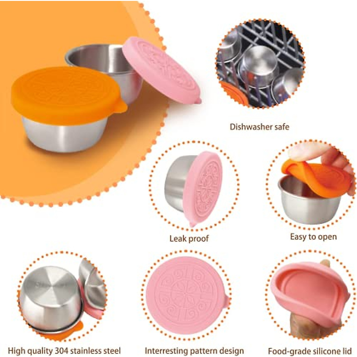 Stainless Salad Dressing Container to Go,6x1.7 oz Reusable Small Containers with Lids, Fits in Bento Box for Lunch,Stainless Steel Condiment Cup,Premium Silicone,Leakproof Dipping Sauce Cups