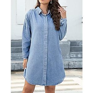 KDF Denim Dress for Women Long Sleeve Denim Shirt Dresses Women with Pockets Button Down Babydoll Jean Dresses for Women 2023 Light Blue Size X-Large