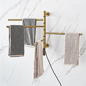 EWDPHW Electric Heated Towel Rack Gold for Bathroom, Rotatable Towel Rack with Timer, 80W Wall Mounted Towel Warmer Racks, 304 Stainless Steel Heated Towel Rail, Plug in