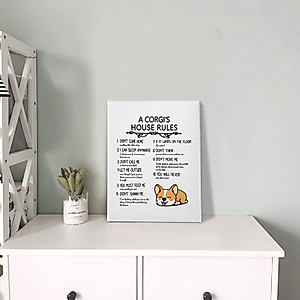PHAMTE A Corgi’s House Rules Wall Art, Funny Corgi Dog Quote Print Framed Canvas Painting Artwork Home Bedroom Living Room Girls Room Decor（11x14 Inch）