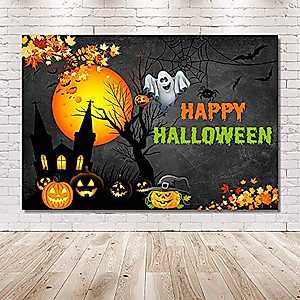 MEHOFOTO Happy Halloween Backdrops for Photography Pumpkin Ghost Halloween Eve Maple Leaves Full Moon Banner Black Evening Birthday Party Decoration Photo Studio Booth Background Props7x5ft