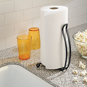 mDesign Modern Metal Vertical Paper Towel Holder Stand and Dispenser, Fits Standard and Jumbo-Sized Rolls for Kitchen Countertop, Pantry, Laundry/Utility Room, Garage Storage - Matte Black