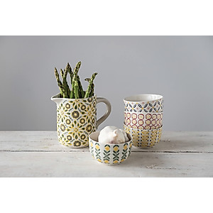 Creative Co-Op Hand-Stamped Stoneware Floral Patterns, Set of 4 Styles Bowl, Multicolored, 4