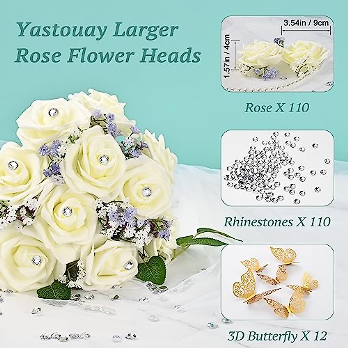Yastouay 110Pcs 3.5inch Foam Rose Heads Ivory White Artificial Flowers Bulk Foam Roses Stemless Fake Rose Heads for DIY, Baby Shower Cake Decor Home Wedding Decoration