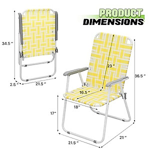 Magshion Folding Webbed Lawn Beach Chair for Adults, Lightweight Steel Frame, Portable Outdoor Camping Chairs for Fishing, Patio, Yard & Garden, Support to 250 lbs (2-Pack, Yellow)