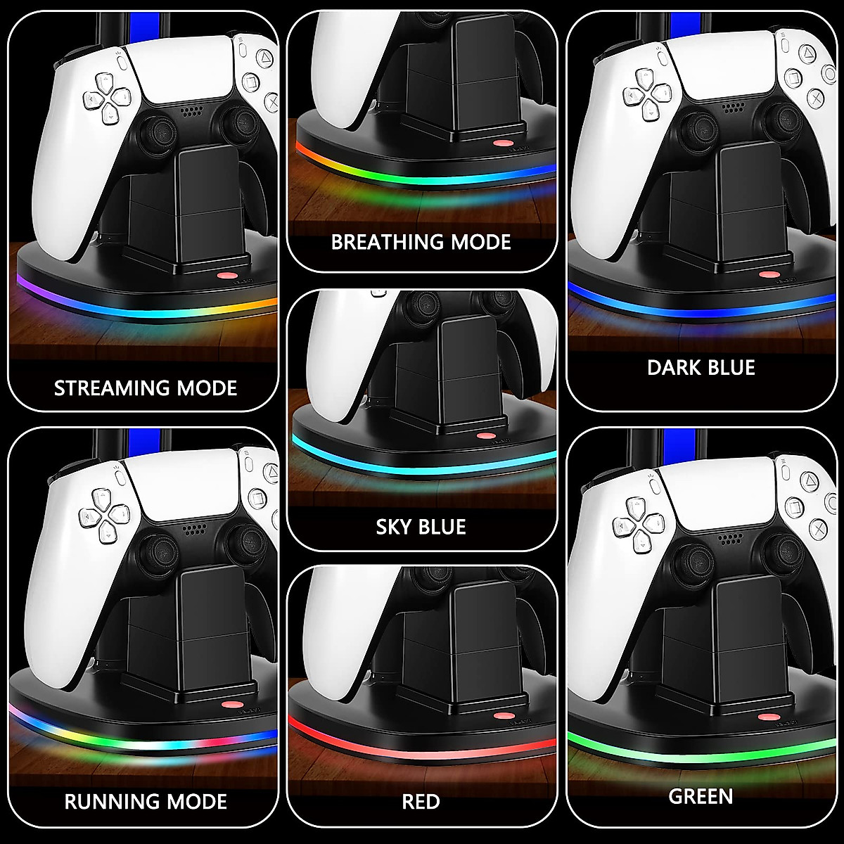 JDGPOKOO PS5 Controller Charging Station with RGB Headphone Stand, PS5 Controller Charger Holder with 2 USB Port, Headset Stand for PlayStation 5 Controller & DualSense Edge Controller Charging Dock