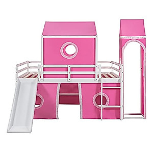 RORIGAT Castle Full Size Bunk Bed,Solid Wood Low Loft Bed Frame with Windows Slide, Tent and Tower,Bunk Bed for Kids Bedroom,Pink