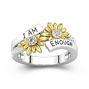 Daisy Flower Band Rings for Women I AM Enough Encouragement Inpiration Mantra Graduation Fashion Cubic Zirconia Statement Stacking Middle Knuckle Finger Ring Daughter Bff Fashion Birthday Valentine's Day Sweet CZ Crystal Gifts (10)