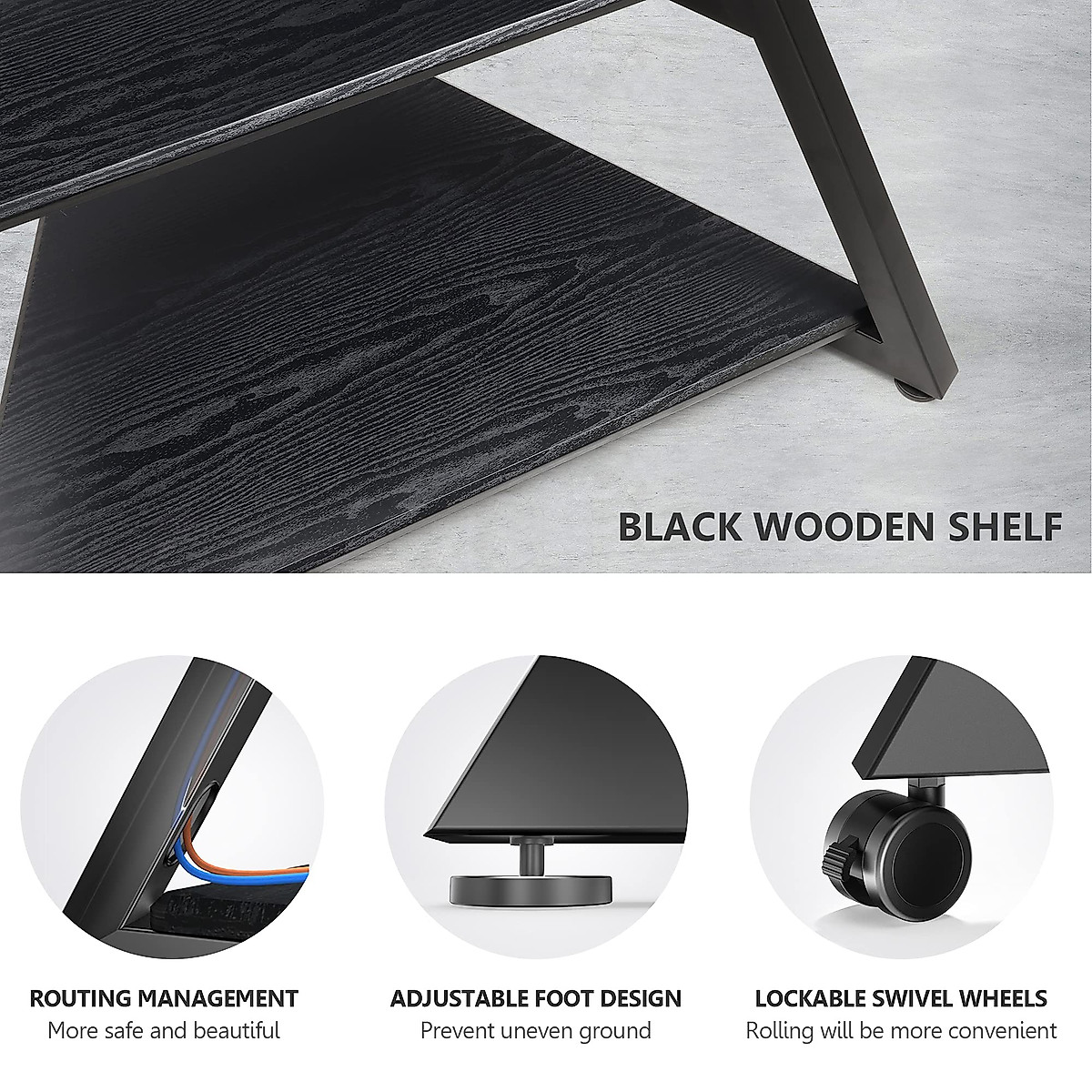 FITUEYES DESIGN Corner TV Stand with Wheels for 43 55 65 70 75 Inch TV, Black TV Cart Floor Stand, Modern TV Stand with Wooden Storage Shelves, Eiffel Series