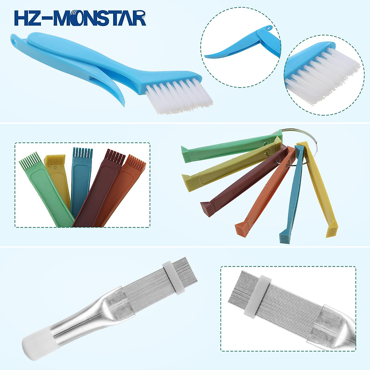 HZ-MONSTAR 5pcs Air Conditioner Fin Cleaner Set Fin Straightener and 2 Different Brush Condenser 3 Different Fin Comb Condenser Complete Category Evaporator Radiator Repair Clean Set