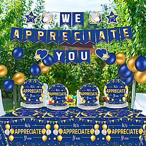 97 Pcs We Appreciate You Decorations for Thank You Party Plates and Napkins Set Blue Gold We Appreciate You Banner Tablecloth for Teacher Nurser Doctor Pastor Employee Thanksgiving Supplies
