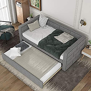 SIYAHOME Twin Size Daybed with Trundle, Upholstered Daybed with Padded Back, Space-Saving Design, Built-in Solid Slat Support for Kids Teens Bedroom, No Box Spring Needed, Grey