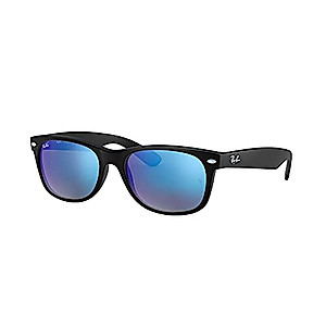 Ray-Ban RB2132 New Wayfarer Square Sunglasses, Rubber Black/Grey Mirror Blue, 55 mm