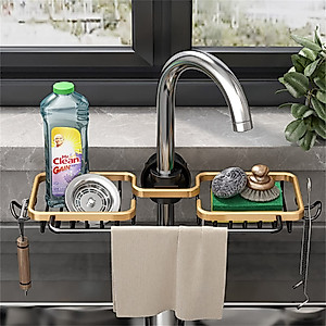 Swovo Dish Sponge Holder, Aluminum Dish Towel Organizer with Dish Towels Drying Rack and Hooks for 0.7"-1.1" Diameter Kitchen Sink Faucets (Black+Gold)