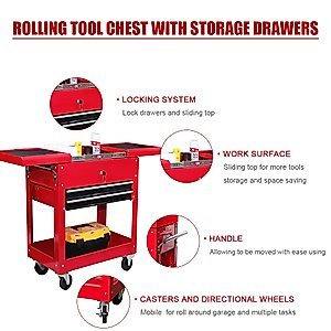 HPDMC Steel Tool Service Utility Push Cart with Lockable Drawers & Sliding Top, 27.8" L x 14.6" W x 32.7" H, 212 lbs Loading Capacity, 2-Drawer Garage Workshop Rolling Storage Tool Chest
