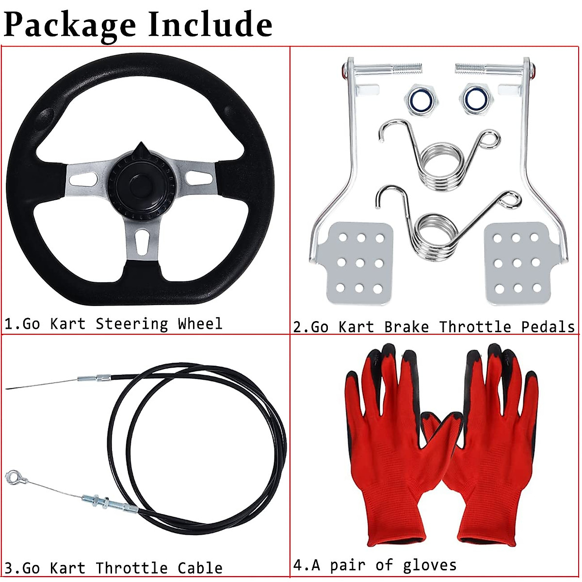 Wadoy Go Kart Brake Throttle Pedals with Automotive Steering Wheels, Upgrade 71" Cable with Return Springs Kit, Go Kart Accessories Go Kart Steering Kit