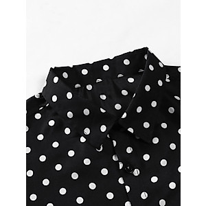 WDIRARA Men's Polka Dots Button Front Long Sleeve Collar Shirt Casual Tops Black L