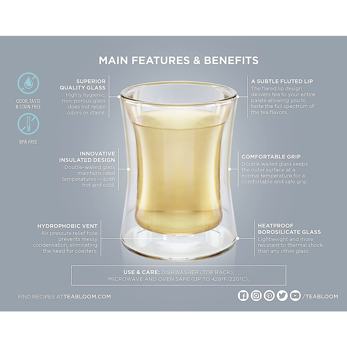 Teabloom Modern Insulated Turkish Tea Glasses - Set of 6 Double Walled Glass Teacups (6 oz / 177 ml)