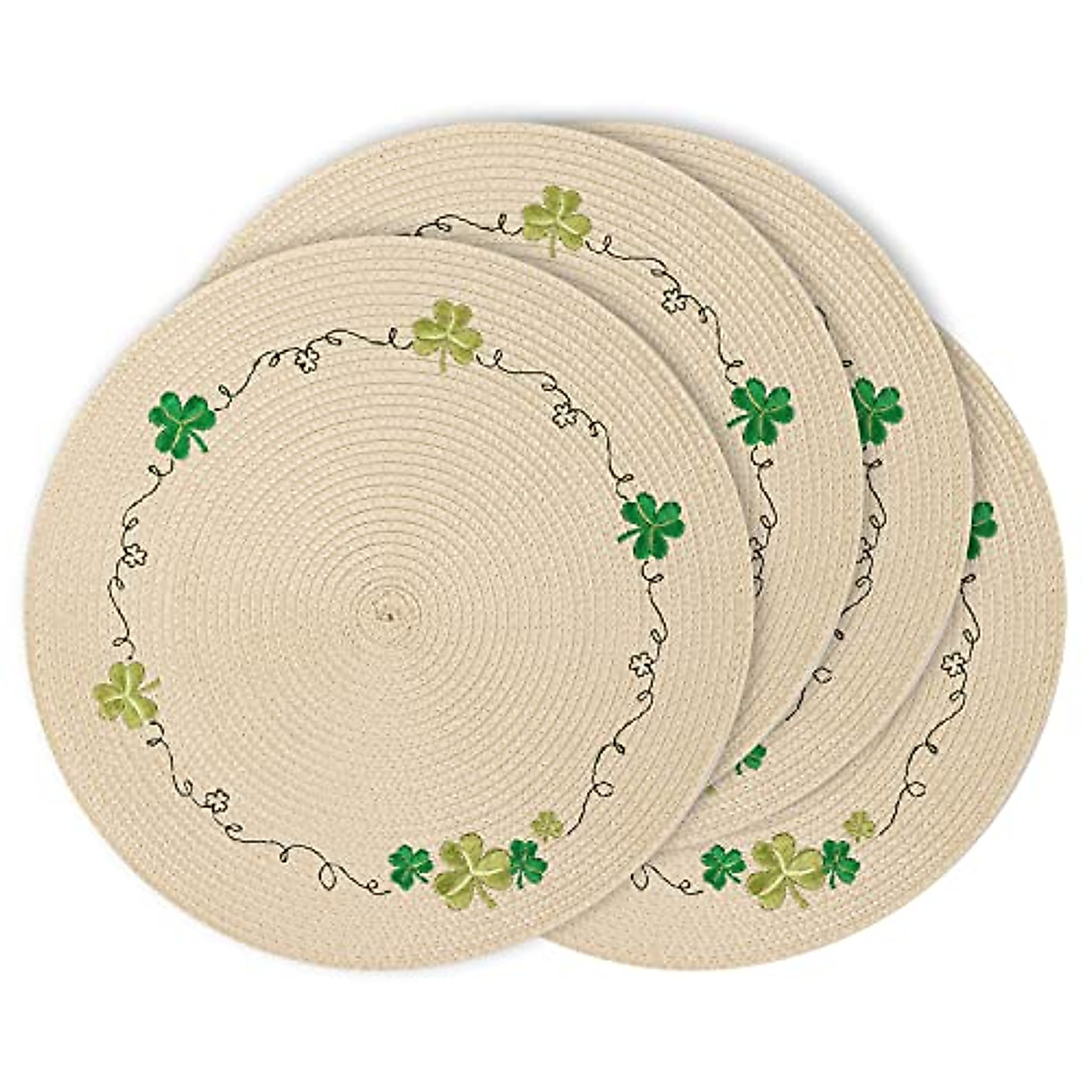 Feuille Round St Patricks Day Placemats Set of 4 PP Shamrock Placemats for Dining Table St Patrick Table Mats Green Embroidery Perfect for St Patricks Day Decorations
