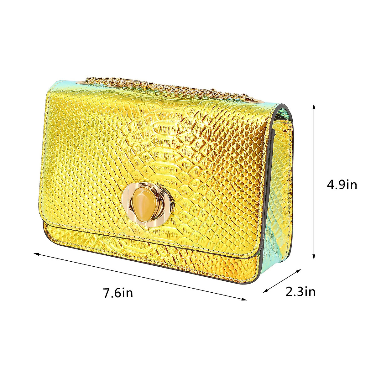 Gabrine Womens Evening Bag Holographic Snake Skin Leather Shoulder Bag Crossbody Bag with Detachable Chain, Yellow