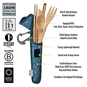 TO GO WARE Premium Reusable Bamboo Utensil Travel Set | Includes Fork, Knife, Spoon, Chopsticks, & Carabiner Clip | Made from Sustainable Materials | Eco-Conscious | Daybreak (Pack of 1)