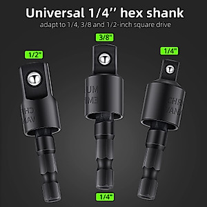 Honoson Power Drill Sockets Adapter Set Impact Driver Wobble Socket Adapter 360 Degree Rotatable Hex Shank Impact Driver Socket Adapter Drill Bits Adapter 1/4 Inch 3/8 Inch 1/2 Inch, Black (6)