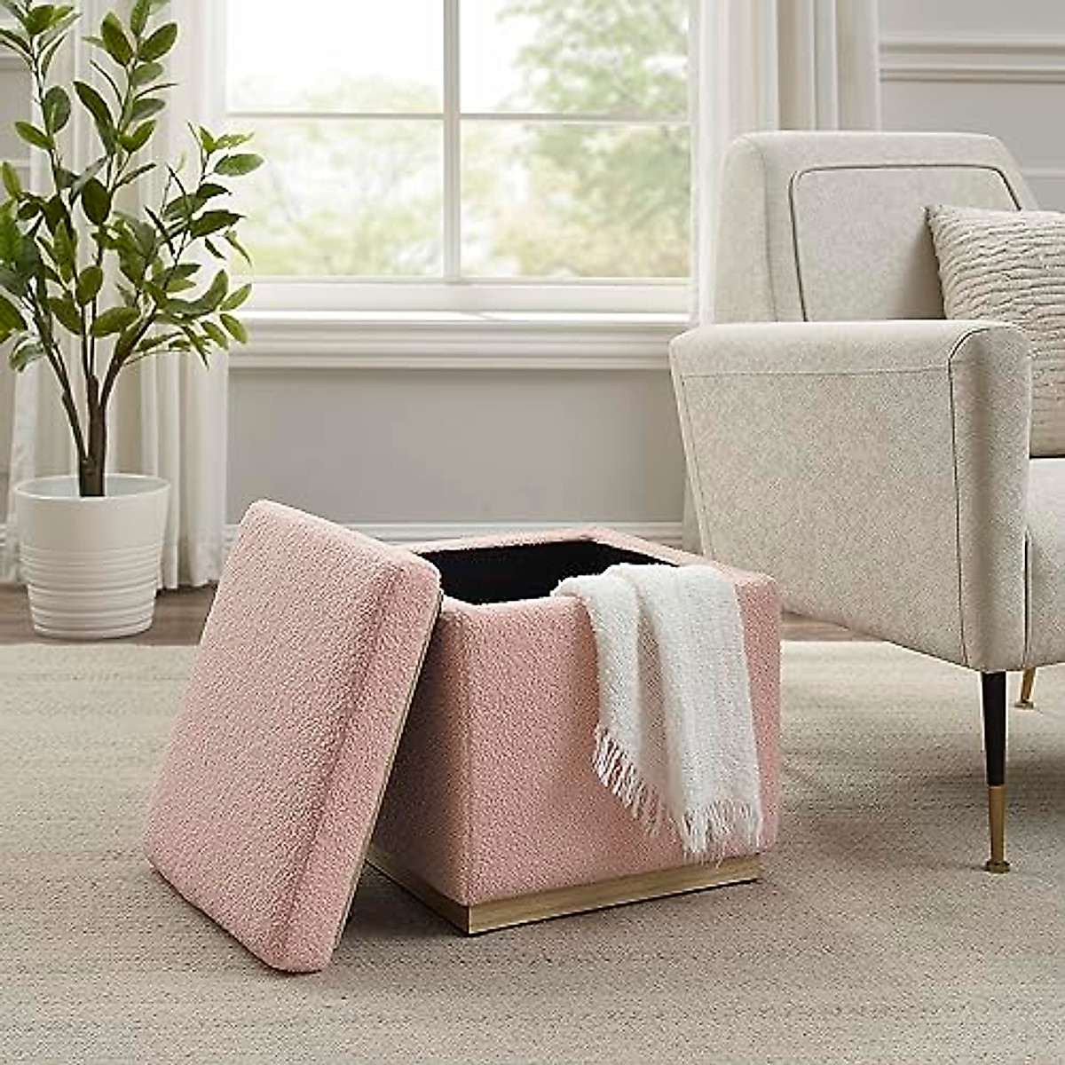 Linon Blush Sherpa Lexington Upholstered Square Storage Ottoman with Pine Wood Accent