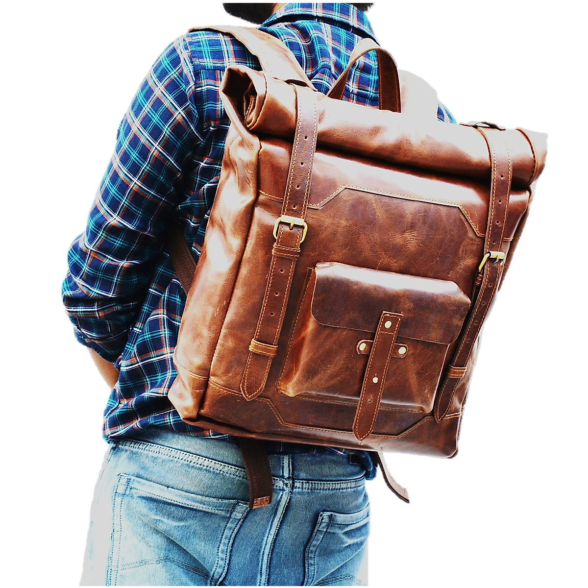 Erangle Men Genuine Leather Laptop Backpack Rucksack Shoulder Roll on Vintage Travel Bag Brown (Brown, 14” (L) x 24” Open (H) – 16” Rolled x 4” (W))