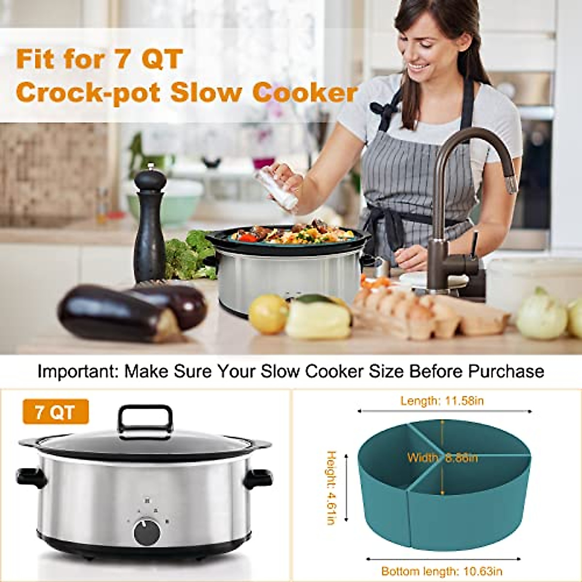 Dompion Silicone Slow Cooker Liners, Reusable 3 Divider Insert Fits for Crock-pot Oval 6/7/8QT Slow Cooker, Dishwasher Safe, Easy Clean, Food-Grade BPA Free Cooking Liners for Most 6-8QT Slow Cooker