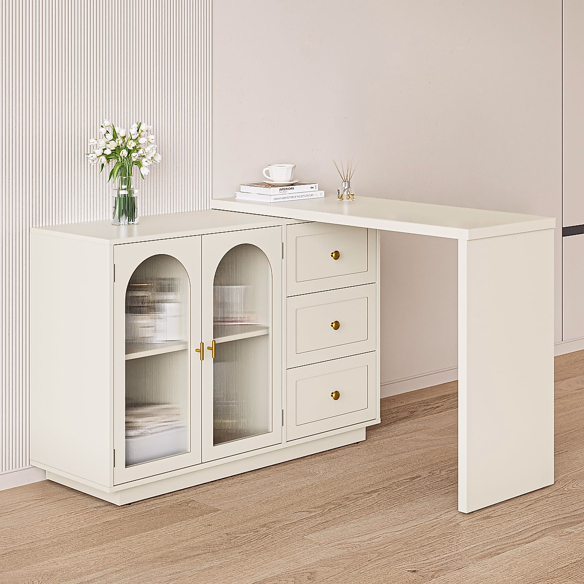 RoyalCraft Makeup Vanity Desk, Extendable Corner Vanity Makeup Table with 3 Drawers & 2 Doors, Modern Dressing Table for Bedroom, White Makeup Vanity Without Mirror