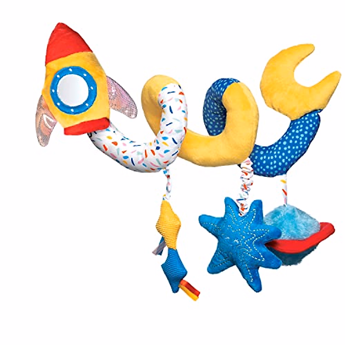 Manhattan Toy Space Themed Rocket Soft Baby Travel Spiral with Baby-Safe Mirror, Elastic Pull Cord & Rattle Chime