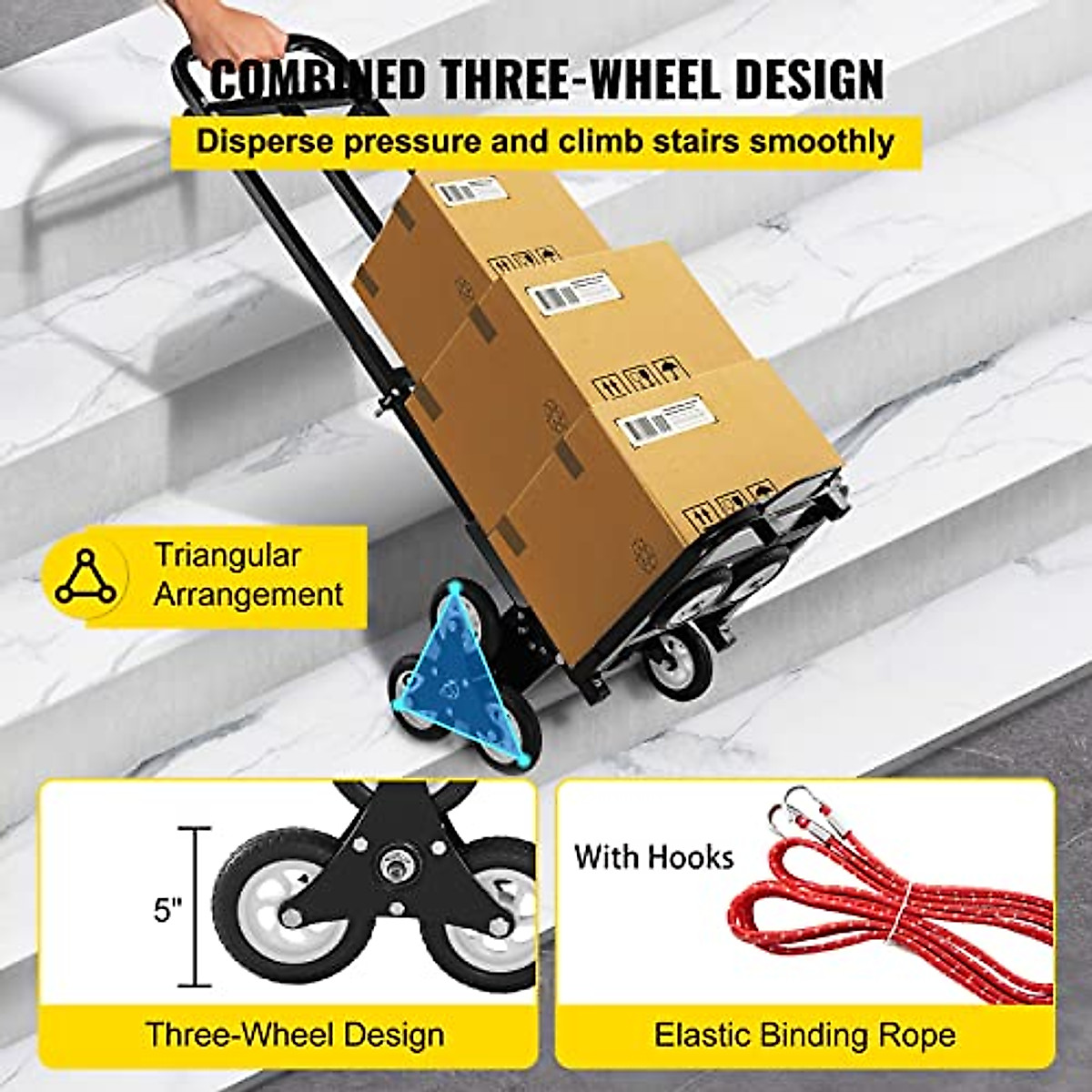 VEVOR Stair Climbing Cart, Portable Folding Trolley with 8 Wheels, 460 Lb Capacity Stair Climber Hand Truck with Adjustable Handle for Pulling, All Terrain Heavy Duty Dolly Cart for Stairs, Black