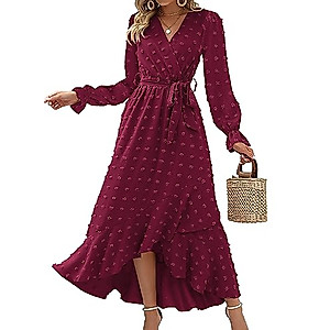 BTFBM Women's Boho Wrap Maxi Dress Summer Fall V Neck Swiss Dot Long Sleeve Flowy Slit Wedding Party Cocktail Dresses(Swiss Dot Wine Red, Small)