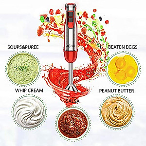 Makoloce Hand Blender 800W 12-Speed 5-in-1 Immersion Blender Handheld Stick Blender Stainless Steel With Whisk, Milk Frother, Chopper, Grinder Bowl & Measuring Cup for Smoothie, Baby Food & Sauces Red