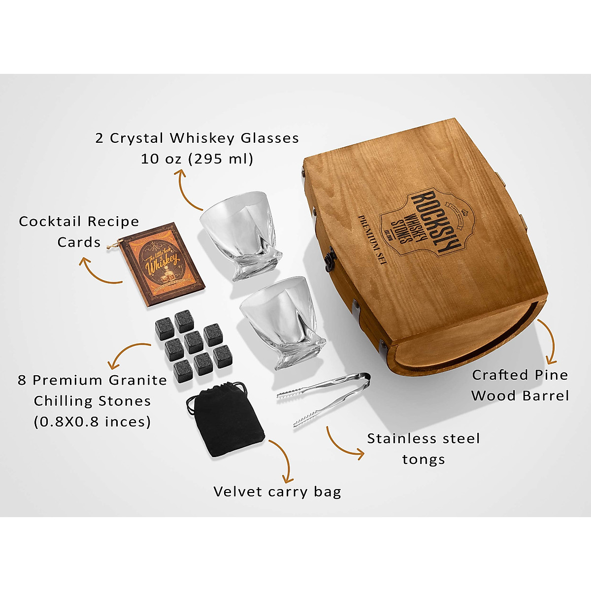 ROCKSLY Whiskey Stones Gift Set for Men in Whiskey Half Barrel Gift Box | 8 Whiskey Rocks, 2 Whiskey Glasses in a Whiskey Box Gift Set | Granite Bourbon Stones | Whiskey Kit for Men: Dad, Boyfriend