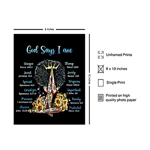 Positive Affirmations Black Wall Art - Inspirational Bible Verses Religious God Decor - Spiritual Christian Scripture Poster - African American Women, Black Woman, Girls - I Am - Encouragement Gifts