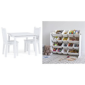Humble Crew, White Kids Wood Square Table and 2 Chairs Set & Extra-Large Toy Organizer, 16 Storage Bins, White/White