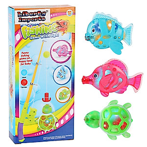Liberty Imports Magnetic Light Up Kids Fishing Pole Bath Toy Set - Rod and Reel with Sea Turtle and 5 Unique Fish -Outdoor Water Toys and Fishing Game for Kids Age
