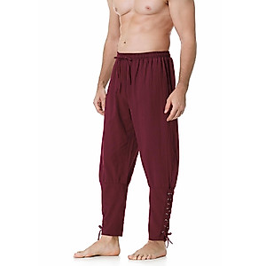 GRAJTCIN Renaissance Pirate Cosplay Costume with Drawstrings Lace Up Tapered Banded Navigator Casual Trousers Medieval Ren Faire Steampunk Medieval Viking Pirate Pants（M,Burgundy）