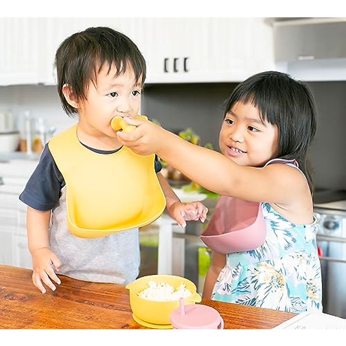 BabyBeesKnees Baby led weaning supplies-complete starter set-Silicone feeding set-suction bowl space saving suction plate self feeding spoons-easy to use solid food eating set 6+months (Dusty Rose)
